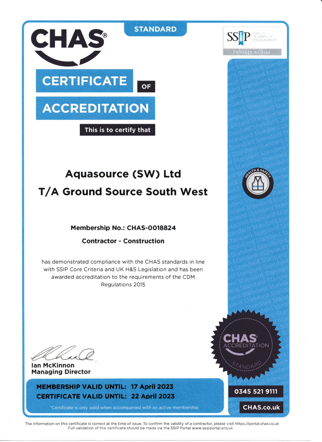 CHAS Renewed for another year – Aquasource (SW) Ltd